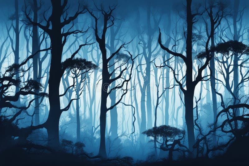 Dark and Blue Forest Landscape with Mysterious Shadows and Branches ...