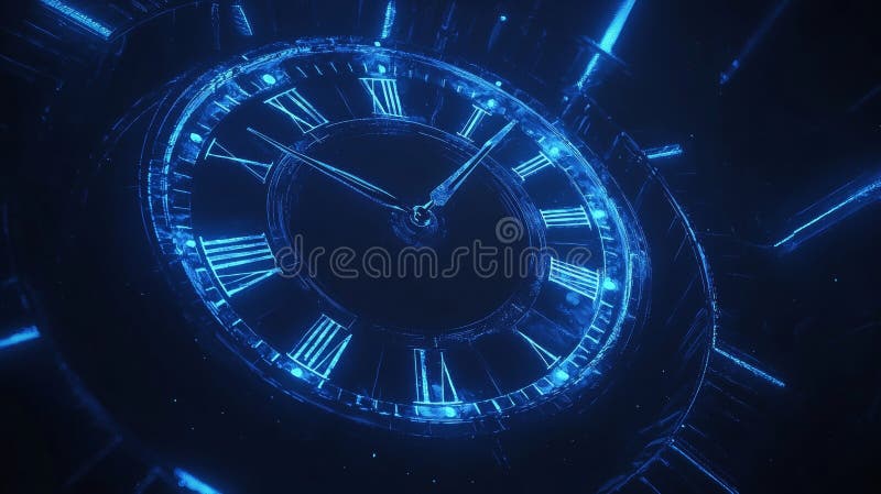 A Dark Blue Futuristic Backdrop Features an Abstract Spiral Clock with ...