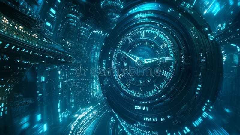 A Dark Blue Futuristic Background Showcases an Abstract Clock with a ...