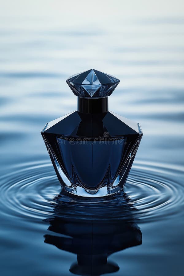 Dark-Blue Geometric Perfume Bottle on Rippling Water Surface Stock ...
