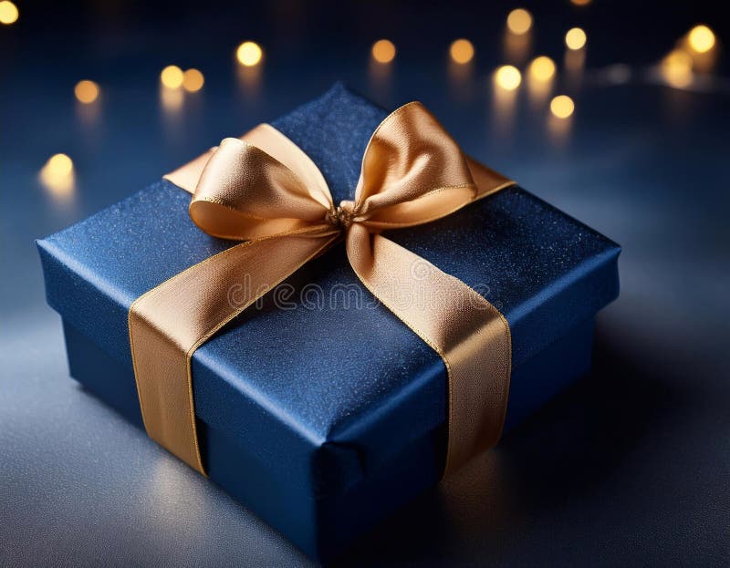 Dark Blue Gift Box with Gold Ribbon on Background Stock Illustration ...