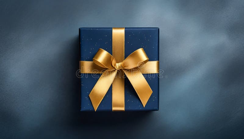 Dark Blue Gift Box with Gold Satin Ribbon - Generative AI Stock Image ...