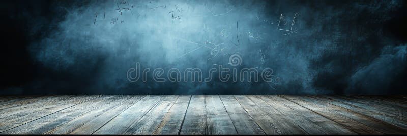 Dark Blue Grunge Blackboard with Math Formulas Background and Wooden ...