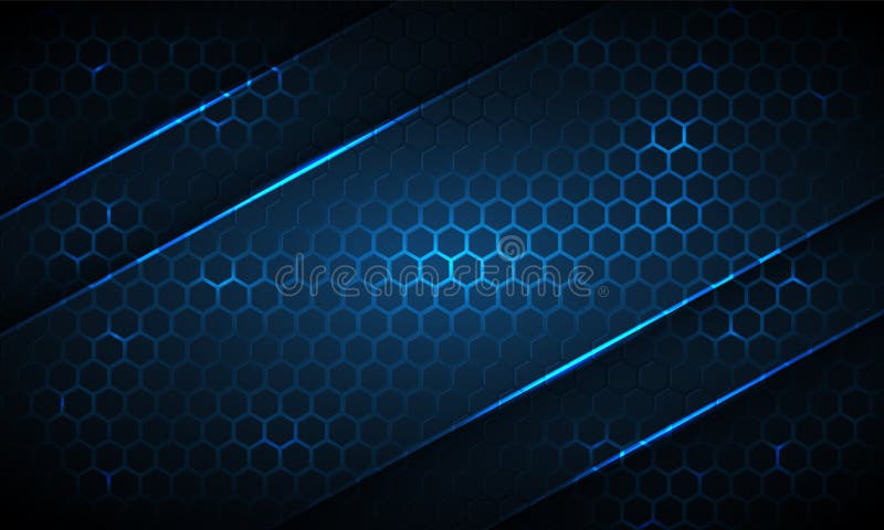 Dark Blue Hexagonal Technology Abstract Background with Neon Stripes. Light Blue Bright Energy ...