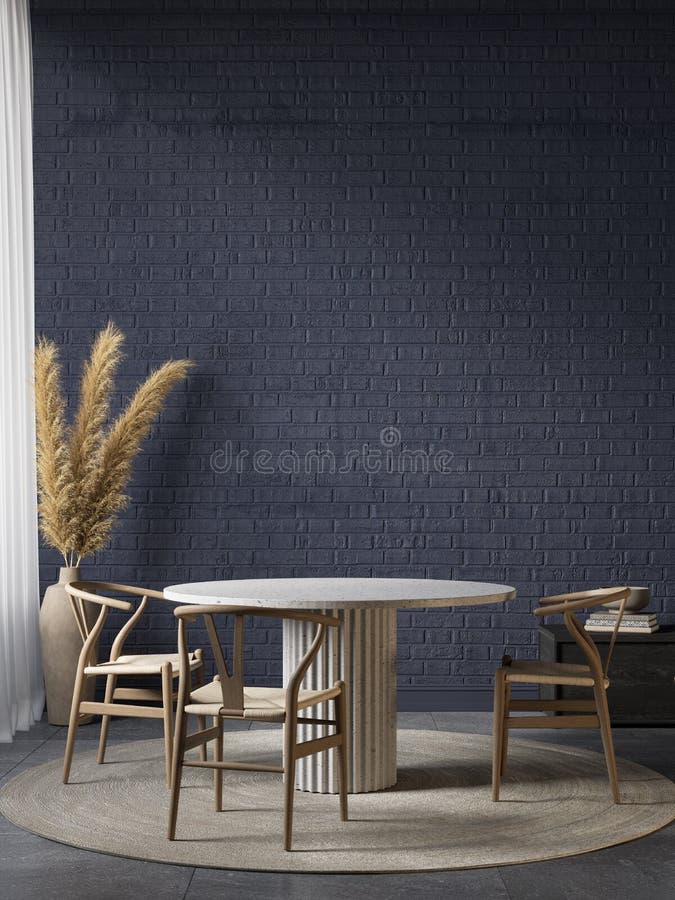 Dark Blue Interior with Dining Table, Decor and Brick Wall. Stock ...