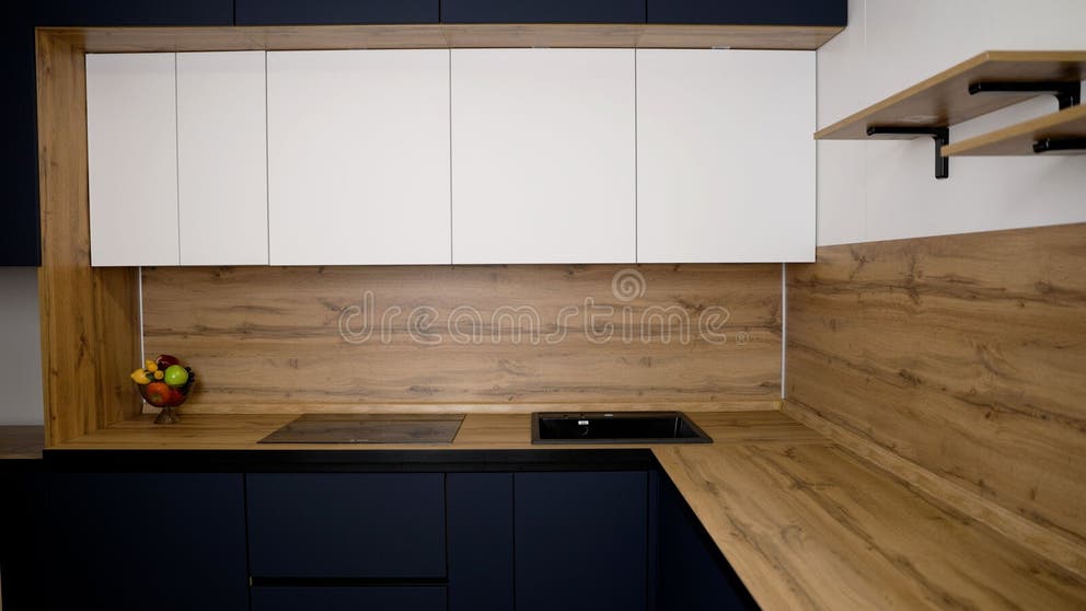 Dark Blue Kitchen Interior with Kitchen Shelves, Utensils. Modern Dark ...