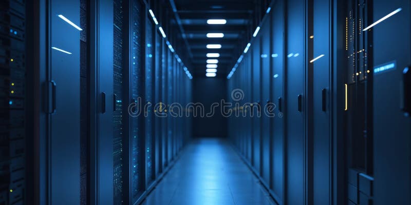 Dark Blue Lit Server Room Corridor Digital Technology Stock Photo ...