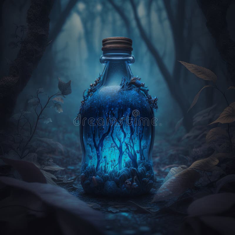 Dark Blue Magic Potion in a Glass Bottle on a Spooky Forest Background ...