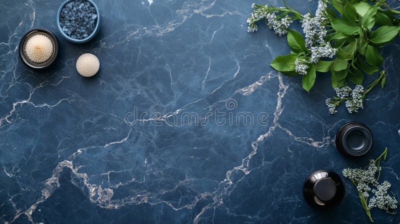 Dark Blue Marble Background with Spa Elements and Green Foliage Stock ...