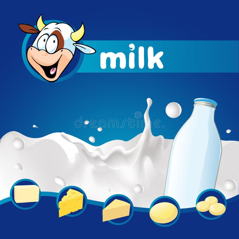 Blue Milk Design with Milk Splash, Farm Animal and Sunset - Vector ...