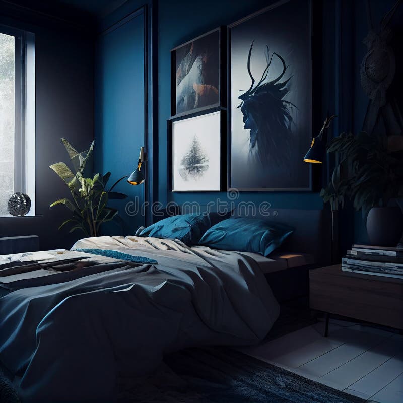 Dark Blue Minimalist Modern Interior Bedroom Design. Generative AI ...