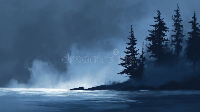 Dark Blue Misty Lake with Silhouetted Pine Trees Stock Image - Image of ...