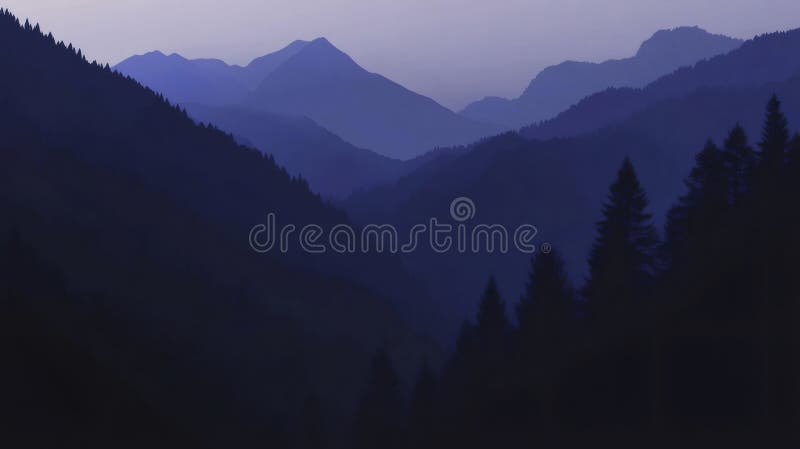 Silhouetted Pine Trees Framing Shadowy Mountain Peaks Emerging Against ...