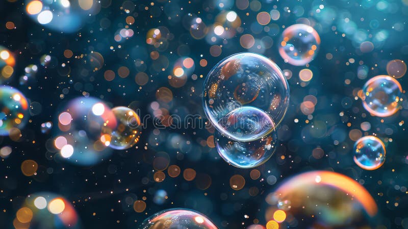 Dark Blue Night with Dreamy Glowing Colorful Bubbles Stock Illustration ...