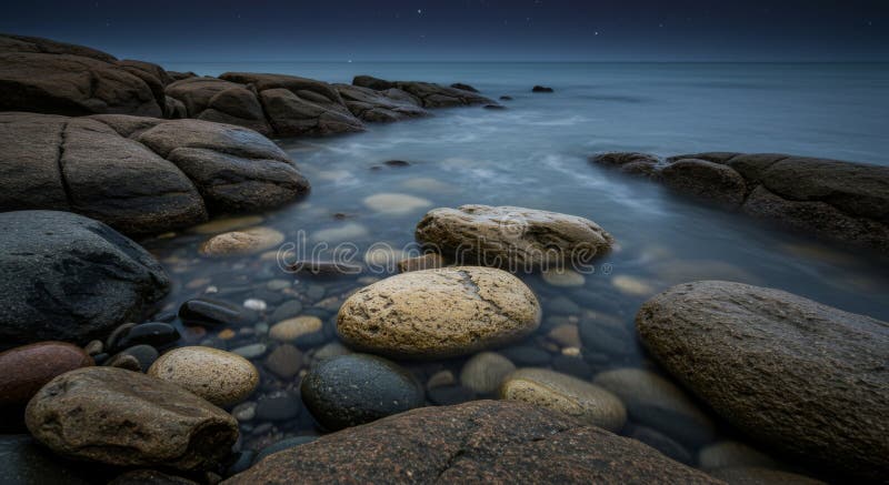 Dark Blue Night Ocean Coastline with Smooth Rocks Stock Illustration ...