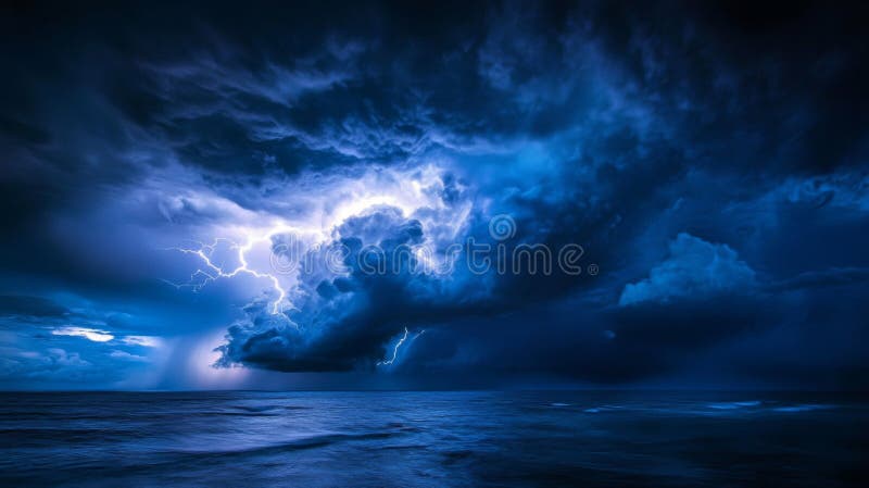Dark Blue Night Ocean Storm with Intense Lightning Stock Illustration ...