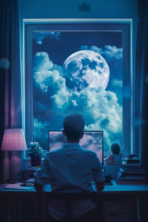 Dark Blue Night. Room. Man Remote Work with Computer Stock Illustration ...