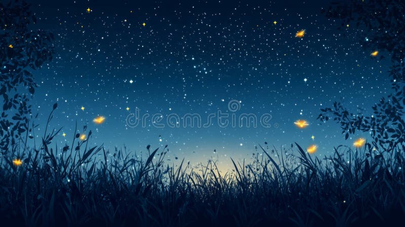 Dark Blue Night Sky with Glowing Fireflies Over Grassy Field Stock ...