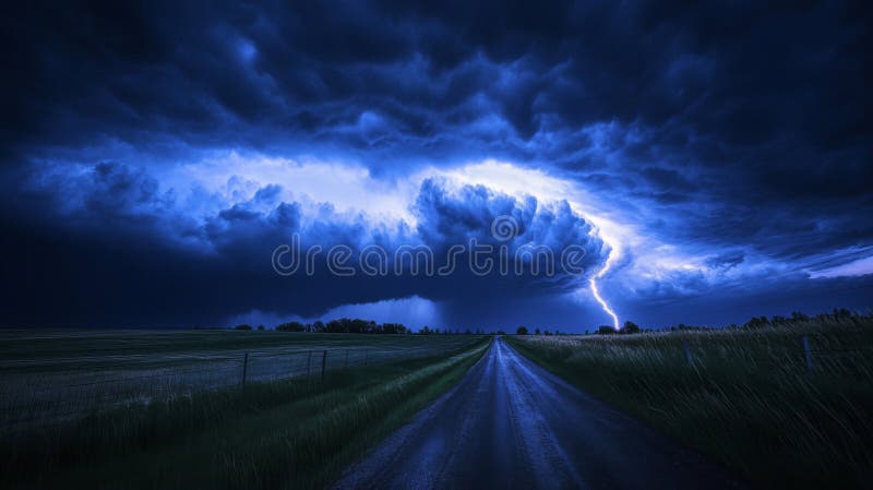 Dark Blue Night Storm with Lightning Over Country Road Stock ...