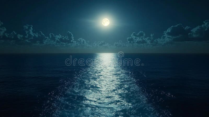 Dark Blue Ocean at Night with Bright Moonlight Reflection Stock ...