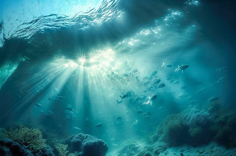 Dark Blue Ocean Surface Seen from Underwater. Abstract Waves Underwater ...