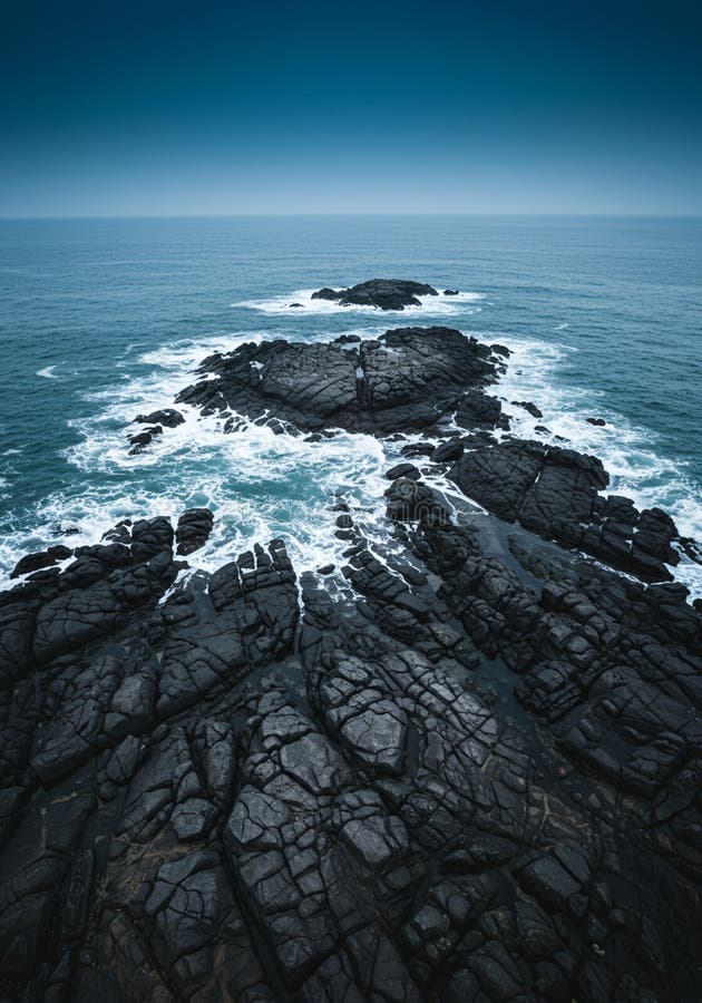 Dark Blue Ocean Waves Crashing Against Black Volcanic Rocks Stock ...