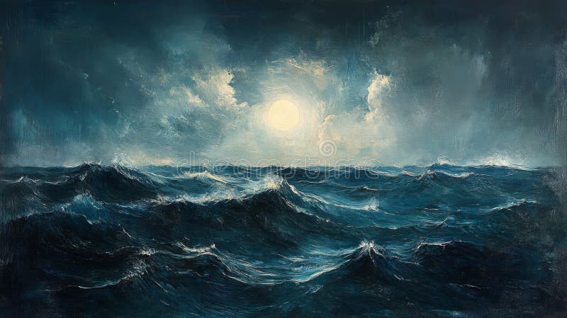 Dark Blue Ocean Waves Under Moonlight Night Seascape Stock Illustration ...