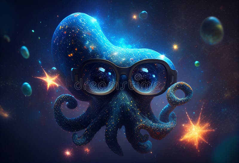 Dark Blue Octopus in Neon Glasses Floating in Space. AI Generated Stock ...