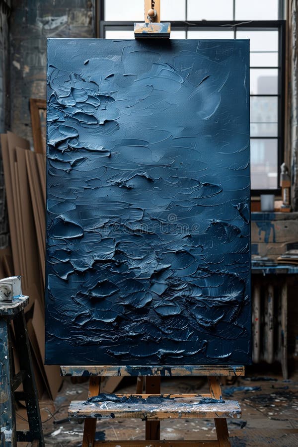 Dark Blue Painting on a Wooden Easel Stock Photo - Image of process ...