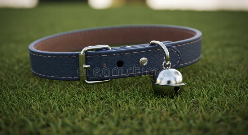 Dark Blue Pet Collar with Bell Lying on Green Grass Outdoors Stock ...