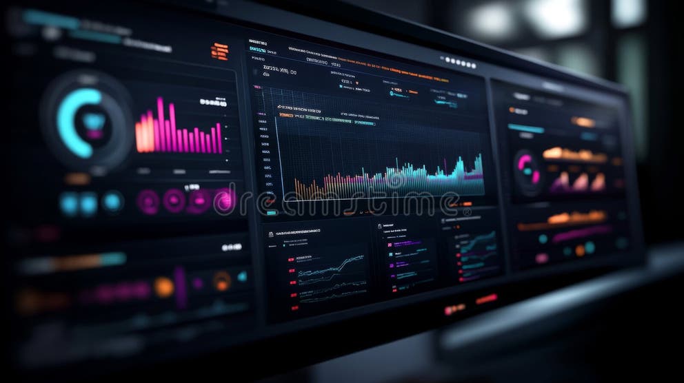 Dark Blue and Pink Data Analytics Dashboard on Computer Screen Stock ...