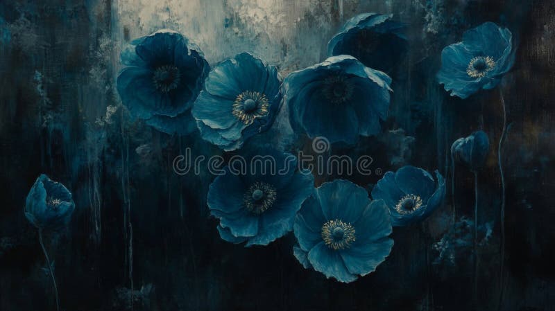 Dark Blue Poppies Painting with Textured Background Stock Illustration ...