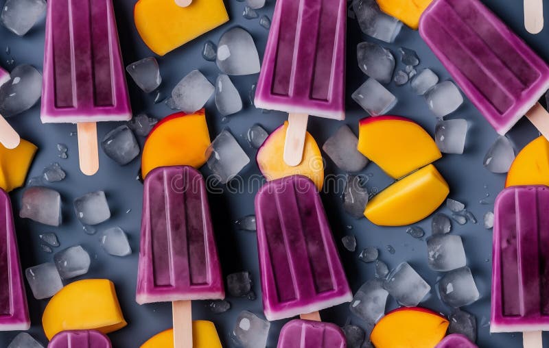 Dark Blue and Purple Popsicles with Mango on Ice Cubes in the ...