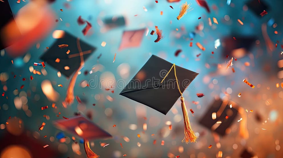 Dark Blue and Red Confetti Falling on Black Graduation Caps Stock ...