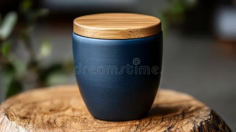 Dark Blue Reusable Beverage Container with Bamboo Lid on Rustic Wood ...
