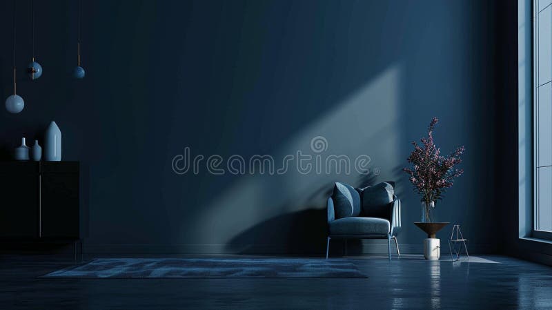 Dark Blue Room Interior, Living Room Interior Mockup, Empty Dark Blue ...