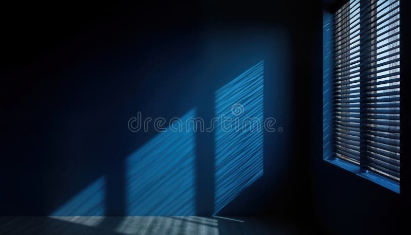 Dark Blue Room Interior Shows Light Rays from Window Louvers. Shadows ...