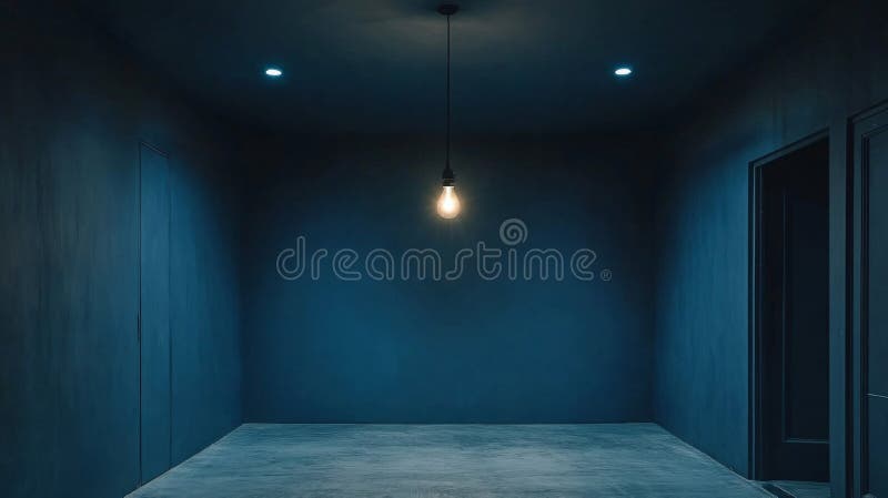 Dark Blue Room with a Single Light Bulb Stock Illustration ...