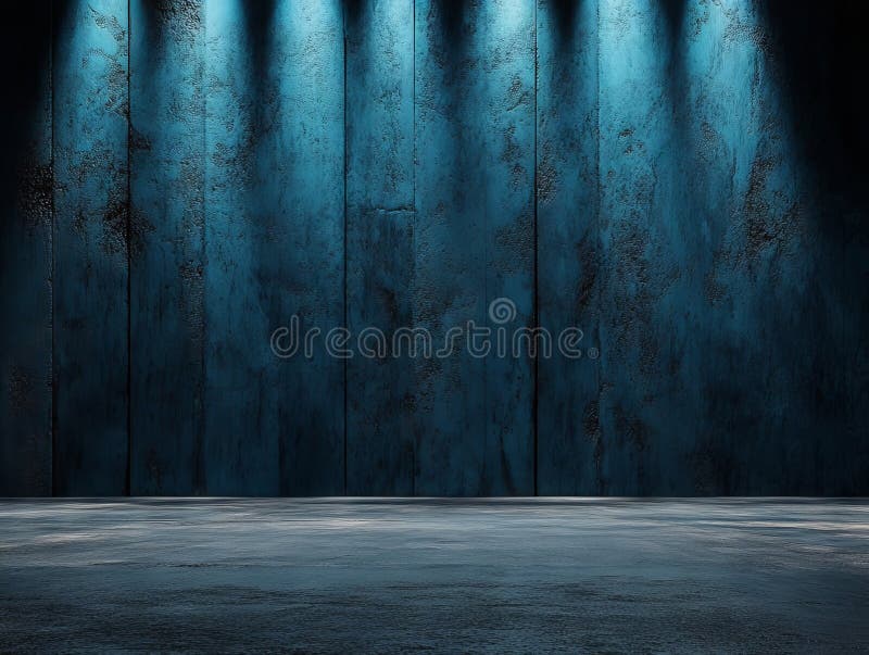 A Dark Blue Room with a Wooden Wall and a Concrete Floor Stock Photo ...