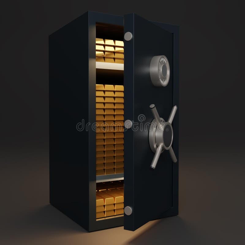Dark Blue Safe Box Font View with Gold Bar Inside on Dark Background ...