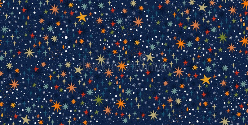 Dark Blue Seamless Pattern with Colorful Stars. Night Sky Hand Drawn ...