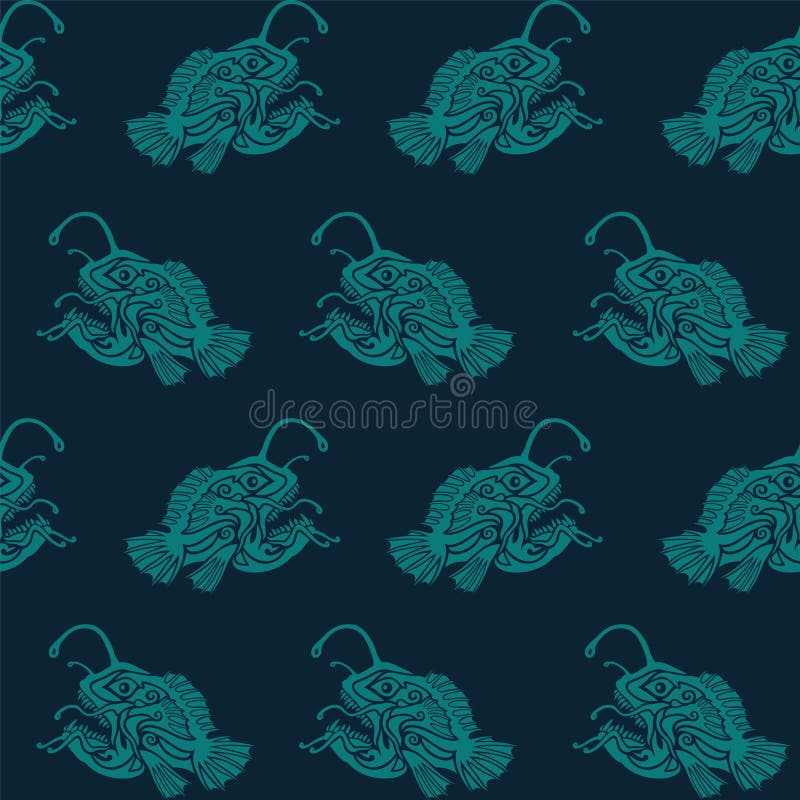 Dark Blue Seamless Pattern with Creepy Anglerfish Stock Vector ...