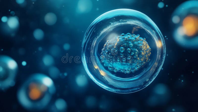 In a Dark Blue Setting, a Biological Cell is Shown with Intricate ...