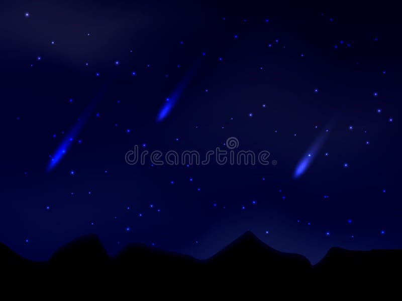 Dark Blue Sky with Clouds and Star Fall. Vector Stock Illustration for ...