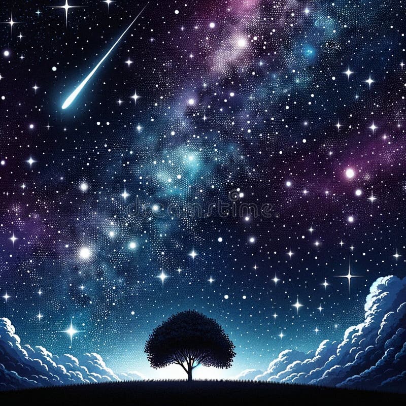 The Sky is Full of Stars with a Silhouette of a Tree Stock Illustration ...