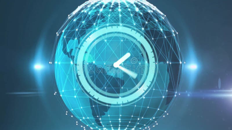 Dark Blue Space Opening Wireframe Globe Appearing Clock Hands Rotating ...