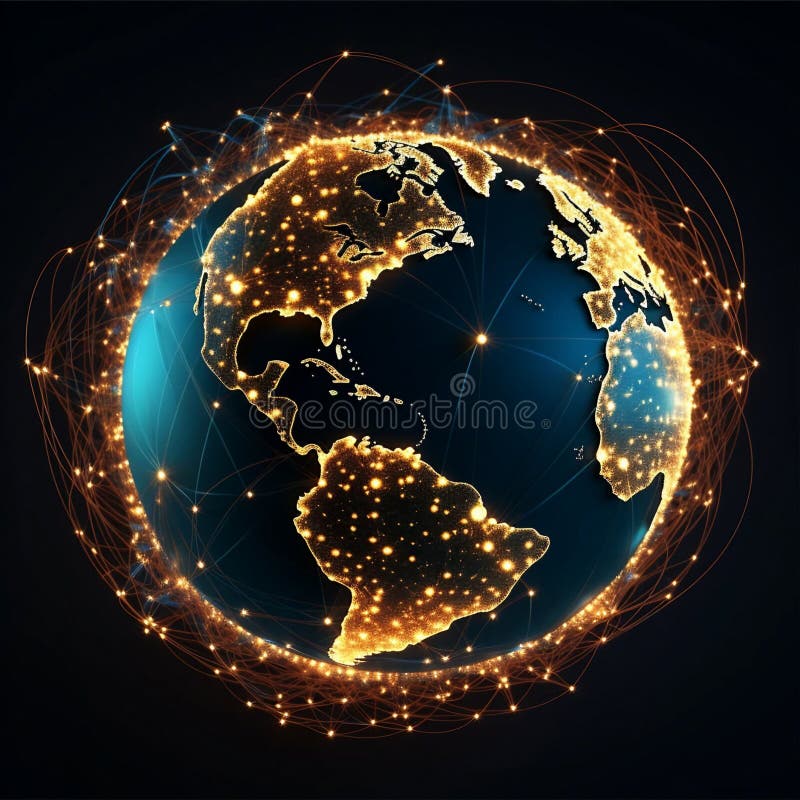A Dark Blue Sphere Representing the Earth is Surrounded by a Network of ...