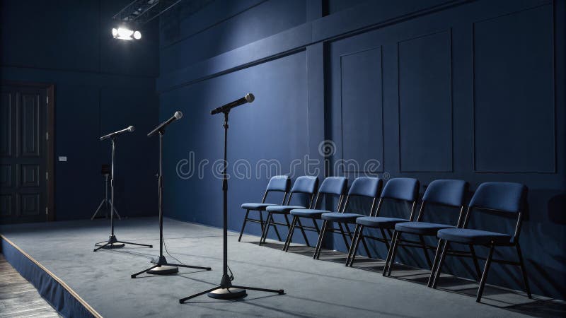 Dark Blue Stage Setup Three Microphones, Chairs, Minimalist ...