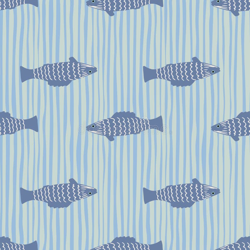 Dark Blue Stylized Fish Elements Seamless Pattern. Doodle Aquatic ...
