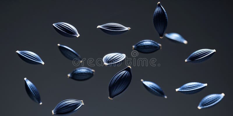Dark Blue Sunflower Seeds Floating on Black Background. Stock Image ...